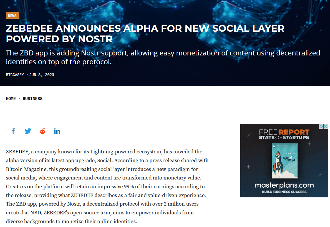 Zebedee Announces Alpha for New Social Layer Powered by Nostr | Stan ‘The Man’