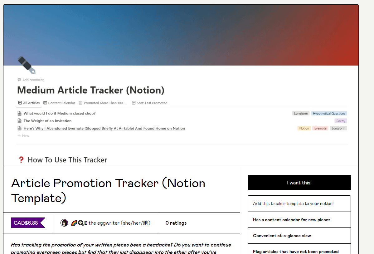 Article Promotion Tracker Notion Template! | drop something in the time ...